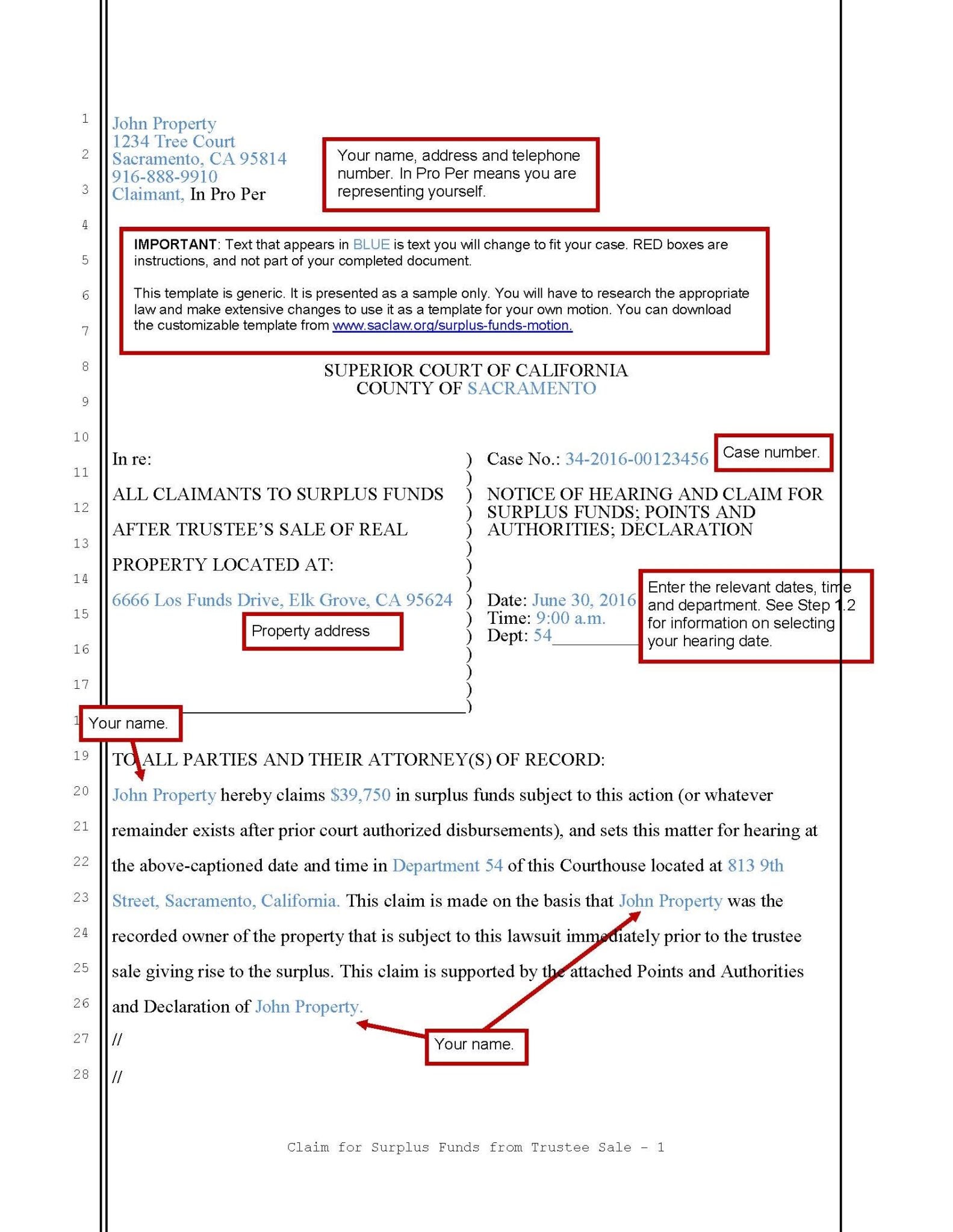 Motion for Disbursement of Surplus Funds After Foreclosure - Sacramento ...